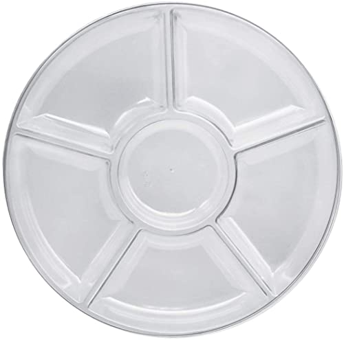 [6 Sec - Clear - 3 Pack] HomeyGear Plastic Round 6 Section Serving Tray Appetizer Platter Clear 12 Inch Pack of 3