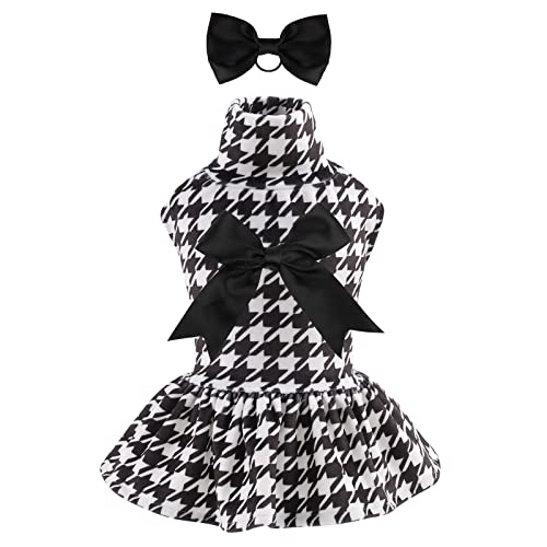 CuteBone Houndstooth Dog Dress Velvet Turtleneck Puppy Skirt Costume Pet Outfit Cat Clothes with Bow Hair Rope Birthday Gift CVD04XXS