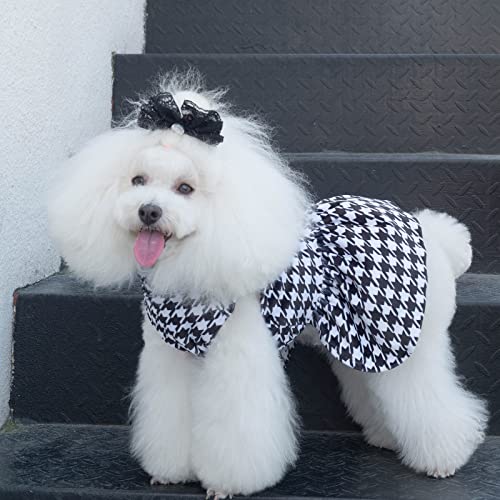 CuteBone Houndstooth Dog Dress Velvet Turtleneck Puppy Skirt Costume Pet Outfit Cat Clothes with Bow Hair Rope Birthday Gift CVD04XXS