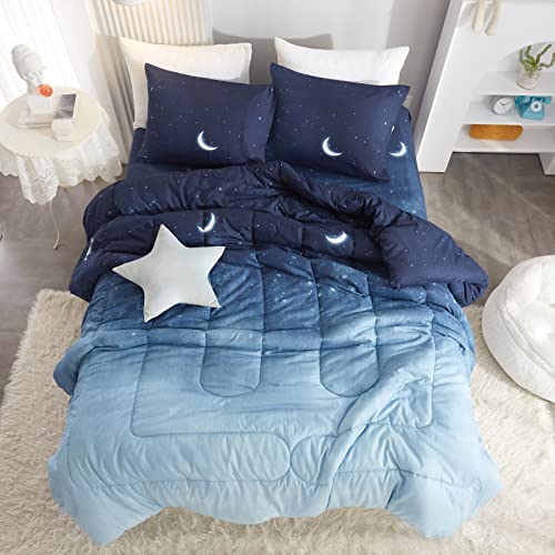 HYPREST Twin Comforter Set for Girls Boys,Star Moon Galaxy Soft Cute Twin Bed Comforter Sets, 2 Pieces Kids Teens Blue Lightweight Comforter Cooling Breathable (Oeko-Tex Certified)