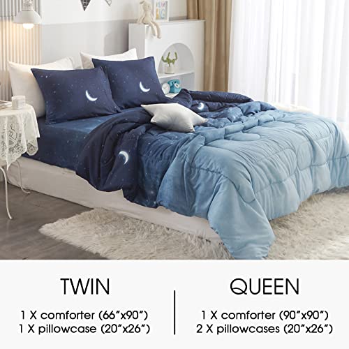 HYPREST Twin Comforter Set for Girls Boys,Star Moon Galaxy Soft Cute Twin Bed Comforter Sets, 2 Pieces Kids Teens Blue Lightweight Comforter Cooling Breathable (Oeko-Tex Certified)