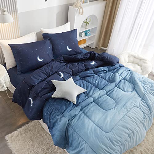 HYPREST Twin Comforter Set for Girls Boys,Star Moon Galaxy Soft Cute Twin Bed Comforter Sets, 2 Pieces Kids Teens Blue Lightweight Comforter Cooling Breathable (Oeko-Tex Certified)