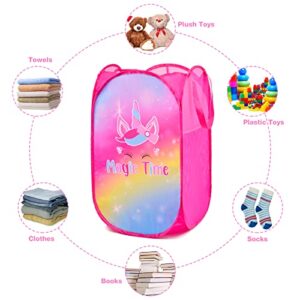 Pop Up Laundry Hamper, 2 Pack Foldable Kids Pop-up Mesh Hamper with Durable Handles, Protable Laundry Basket for Kids Room (Unicorn)