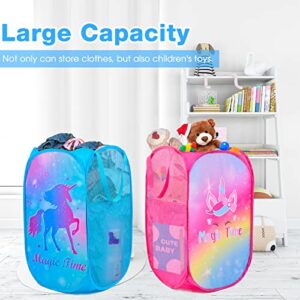 Pop Up Laundry Hamper, 2 Pack Foldable Kids Pop-up Mesh Hamper with Durable Handles, Protable Laundry Basket for Kids Room (Unicorn)