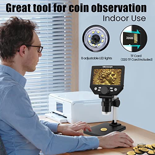 Coin Microscope,ATFWEL 4.3 inch LCD Digital USB Microscope with 32G TF Card,1000X Magnification Electronic Camera Video Recorder with Screen,Rechargeable Battery for Coins Soldering Circuit Board