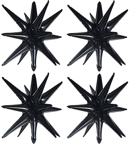 Toniful 4 Pcs 22inch 4D Black Starburst Cone Mylar Balloons 14Point Star Balloons Explosion Star Foil Balloons for Party Supplies Backdrop Christmas,New Year,Birthday, Wedding,Photo Booth Ornament