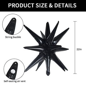 Toniful 4 Pcs 22inch 4D Black Starburst Cone Mylar Balloons 14Point Star Balloons Explosion Star Foil Balloons for Party Supplies Backdrop Christmas,New Year,Birthday, Wedding,Photo Booth Ornament