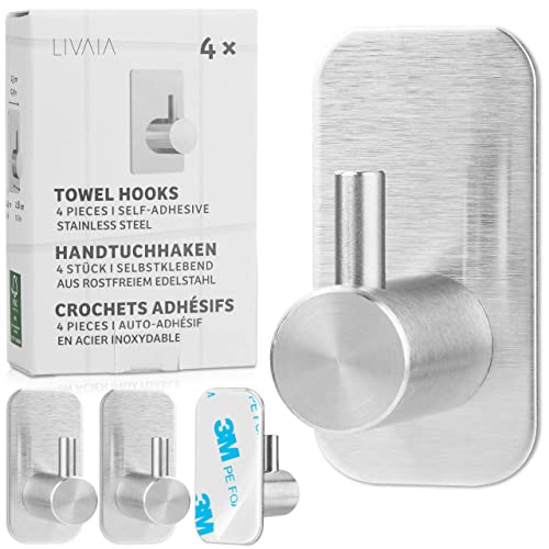 LIVAIA Self Adhesive Hooks for Hanging Towels: Set of 4 Stainless Steel Towel Holders – Kitchen Towel and Bathroom Hooks – Hooks for Hanging Clothes