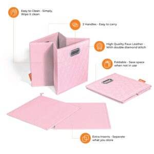 JIAessentials 11 inch Pink Foldable Diamond Patterned Faux Leather Storage Cube Bins Set of Two with Handles for living room, bedroom and office storage