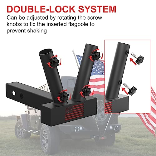 Boslla Hitch Mount Dual Flag Pole Holder Universal for Standard 2 inch Hitch Receivers - Compatible with Jeep, Truck, SUV, RV, Pickup, Camper Trailer, with Anti-Wobble Screw