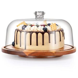 rotating cake stand with clear acrylic dome lid, turntable base, display server tray for kitchen,birthday parties,weddings,baking gifts,acacia wood lazy susan with cover