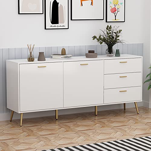 Homsee Sideboard Cabinet with 3 Drawers & 2 Doors, Modern Kitchen Buffet Storage Console Cabinet with Metal Legs for Living Room, Dining Room & Entryway, White (69”L x 15.6”W x 30”H)