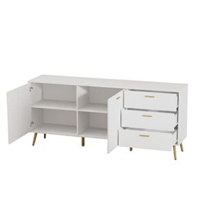 Homsee Sideboard Cabinet with 3 Drawers & 2 Doors, Modern Kitchen Buffet Storage Console Cabinet with Metal Legs for Living Room, Dining Room & Entryway, White (69”L x 15.6”W x 30”H)