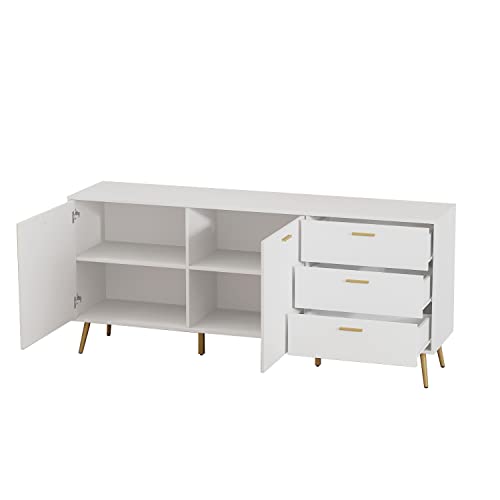 Homsee Sideboard Cabinet with 3 Drawers & 2 Doors, Modern Kitchen Buffet Storage Console Cabinet with Metal Legs for Living Room, Dining Room & Entryway, White (69”L x 15.6”W x 30”H)