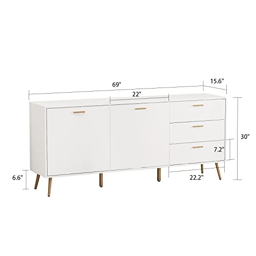 Homsee Sideboard Cabinet with 3 Drawers & 2 Doors, Modern Kitchen Buffet Storage Console Cabinet with Metal Legs for Living Room, Dining Room & Entryway, White (69”L x 15.6”W x 30”H)