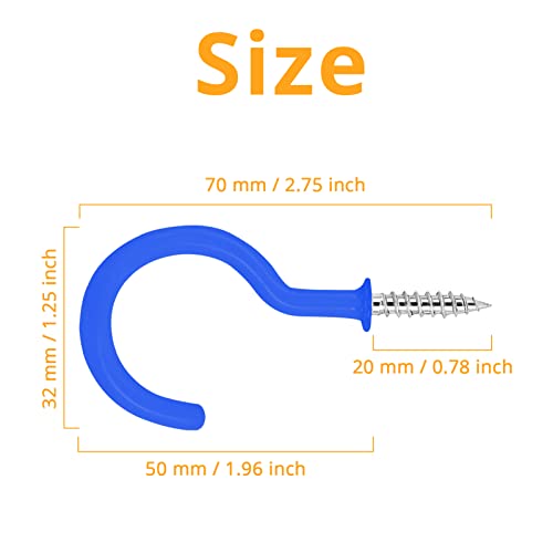 MJIYA 12 PCS Vinyl Coated Ceiling Hooks Question Mark Shape Hook Heavy Duty Screw Cup Hook for Bathroom Kitchen Wall Ceiling Hanging (Blue, 2 Inch)