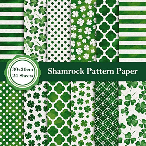 Whaline 12 Designs St. Patrick's Day Pattern Paper Pack 24 Sheet Green Shamrock Stripe Clover Dot Scrapbook Paper Double-Sided Decorative Craft Paper Folded Flat for Card Making Scrapbook, 30 x 30cm