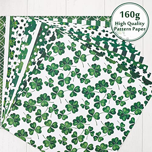 Whaline 12 Designs St. Patrick's Day Pattern Paper Pack 24 Sheet Green Shamrock Stripe Clover Dot Scrapbook Paper Double-Sided Decorative Craft Paper Folded Flat for Card Making Scrapbook, 30 x 30cm