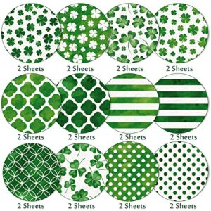 Whaline 12 Designs St. Patrick's Day Pattern Paper Pack 24 Sheet Green Shamrock Stripe Clover Dot Scrapbook Paper Double-Sided Decorative Craft Paper Folded Flat for Card Making Scrapbook, 30 x 30cm