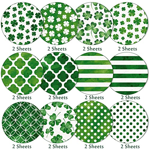 Whaline 12 Designs St. Patrick's Day Pattern Paper Pack 24 Sheet Green Shamrock Stripe Clover Dot Scrapbook Paper Double-Sided Decorative Craft Paper Folded Flat for Card Making Scrapbook, 30 x 30cm