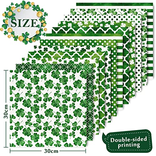 Whaline 12 Designs St. Patrick's Day Pattern Paper Pack 24 Sheet Green Shamrock Stripe Clover Dot Scrapbook Paper Double-Sided Decorative Craft Paper Folded Flat for Card Making Scrapbook, 30 x 30cm