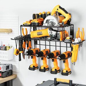 Yecaye 3 Layers Heavy Duty Drill Holder Wall Mount, 4 Slots Power Tool Storage Rack with Screwdriver Holder, Compact Metal Electric Tool Organizer Shelf, Black