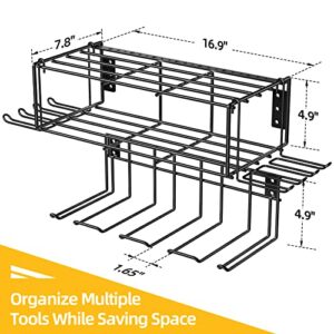 Yecaye 3 Layers Heavy Duty Drill Holder Wall Mount, 4 Slots Power Tool Storage Rack with Screwdriver Holder, Compact Metal Electric Tool Organizer Shelf, Black