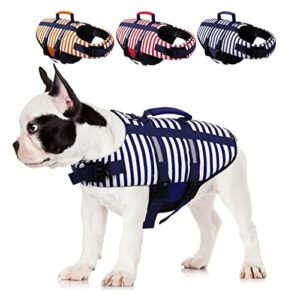 morvigive striped dog life jacket, ripstop dog life vest preserver for boating & swimming with rescue handle, reflective puppy float coat pet swimsuit with adjustable straps and side-release buckles