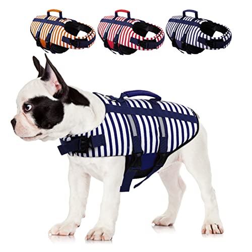 MORVIGIVE Striped Dog Life Jacket, Ripstop Dog Life Vest Preserver for Boating & Swimming with Rescue Handle, Reflective Puppy Float Coat Pet Swimsuit with Adjustable Straps and Side-Release Buckles