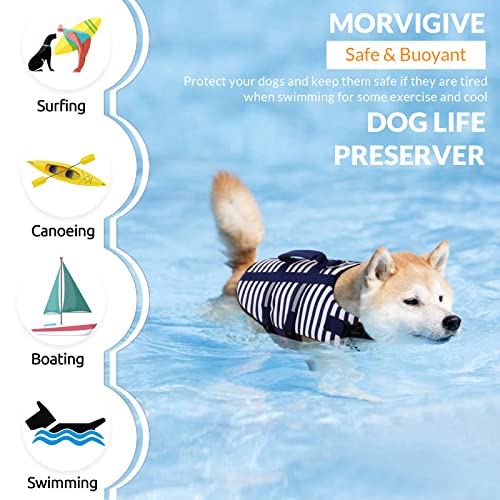 MORVIGIVE Striped Dog Life Jacket, Ripstop Dog Life Vest Preserver for Boating & Swimming with Rescue Handle, Reflective Puppy Float Coat Pet Swimsuit with Adjustable Straps and Side-Release Buckles