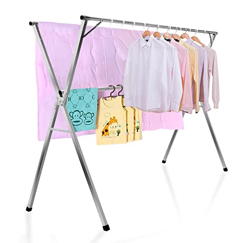 TORIBIO Clothes Drying Rack, 79 Inch Laundry Drying Rack Foldable, Space Saving Heavy Duty Stainless Steel Clothing Drying Rack with Windproof Hooks for Indoor Outdoor