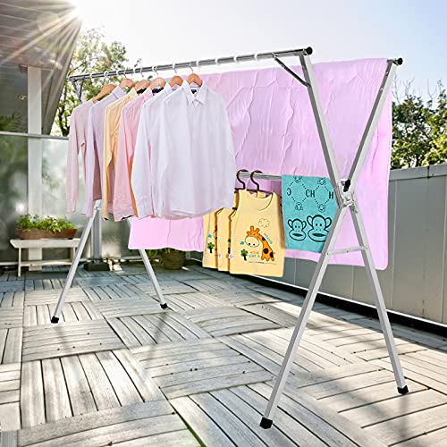 TORIBIO Clothes Drying Rack, 79 Inch Laundry Drying Rack Foldable, Space Saving Heavy Duty Stainless Steel Clothing Drying Rack with Windproof Hooks for Indoor Outdoor