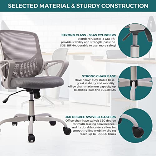 Home Office Chair Ergonomic Computer Desk Chair Mesh Mid-Back Height Adjustable Swivel Chair with Armrest, Grey