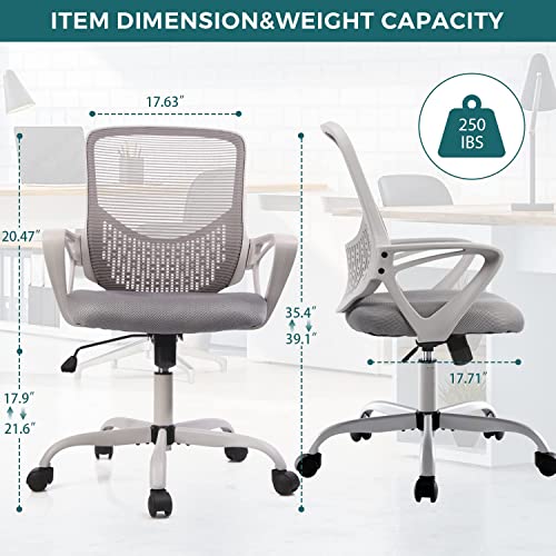 Home Office Chair Ergonomic Computer Desk Chair Mesh Mid-Back Height Adjustable Swivel Chair with Armrest, Grey