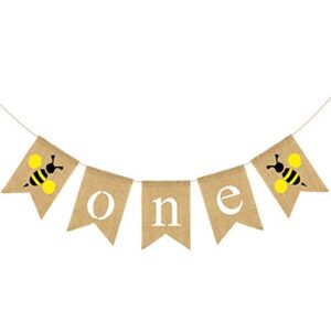 bumble bee 1st birthday banner,happy 1st bee day banner,jute burlap baby one high chair banner,boys girls first birthday party decorations supplies