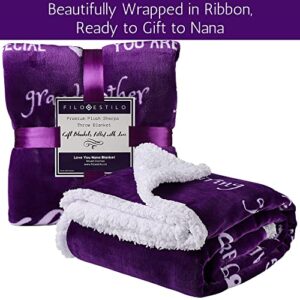 FILO ESTILO Nana Blanket, Gifts for Nana from Granddaughter, Nana Gift from Grandchildren, Best Nana Ever Gifts, Throw Blanket Filled with Love (Purple, Sherpa)