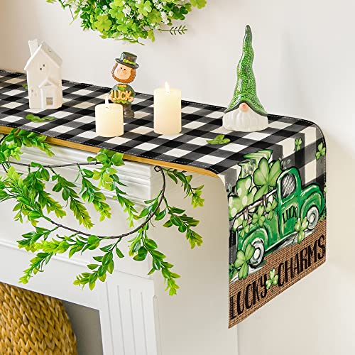 Artoid Mode Buffalo Plaid Truck Shamrock Lucky St. Patrick's Day Table Runner, Spring Holiday Kitchen Dining Table Decoration for Home Party Decor 13 x 72 Inch