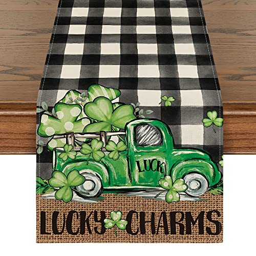 Artoid Mode Buffalo Plaid Truck Shamrock Lucky St. Patrick's Day Table Runner, Spring Holiday Kitchen Dining Table Decoration for Home Party Decor 13 x 72 Inch