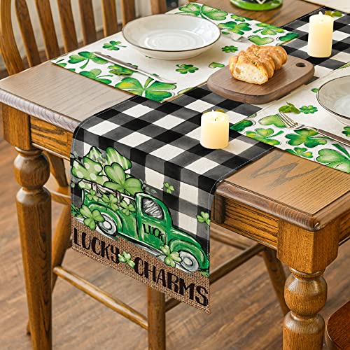 Artoid Mode Buffalo Plaid Truck Shamrock Lucky St. Patrick's Day Table Runner, Spring Holiday Kitchen Dining Table Decoration for Home Party Decor 13 x 72 Inch