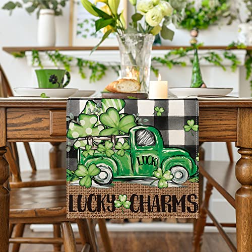 Artoid Mode Buffalo Plaid Truck Shamrock Lucky St. Patrick's Day Table Runner, Spring Holiday Kitchen Dining Table Decoration for Home Party Decor 13 x 72 Inch