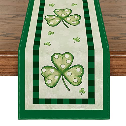 Artoid Mode Buffalo Plaid Shamrock St. Patrick's Day Table Runner, Seasonal Spring Wedding Holiday Kitchen Dining Table Decoration for Indoor Outdoor Home Party Decor 13 x 72 Inch