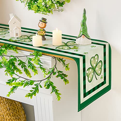 Artoid Mode Buffalo Plaid Shamrock St. Patrick's Day Table Runner, Seasonal Spring Wedding Holiday Kitchen Dining Table Decoration for Indoor Outdoor Home Party Decor 13 x 72 Inch