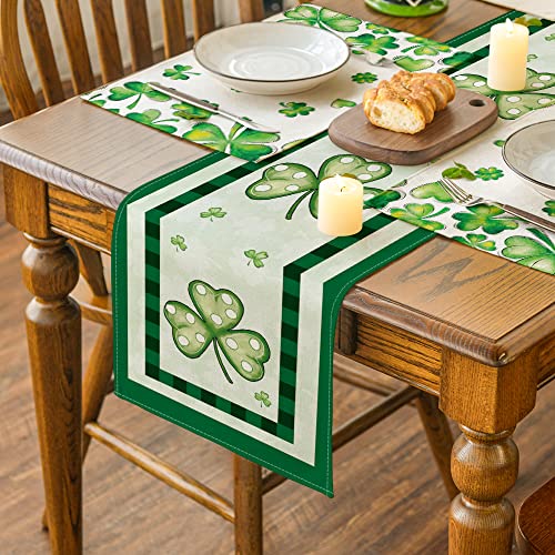 Artoid Mode Buffalo Plaid Shamrock St. Patrick's Day Table Runner, Seasonal Spring Wedding Holiday Kitchen Dining Table Decoration for Indoor Outdoor Home Party Decor 13 x 72 Inch