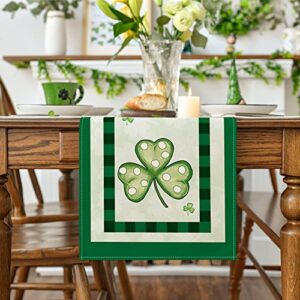 Artoid Mode Buffalo Plaid Shamrock St. Patrick's Day Table Runner, Seasonal Spring Wedding Holiday Kitchen Dining Table Decoration for Indoor Outdoor Home Party Decor 13 x 72 Inch