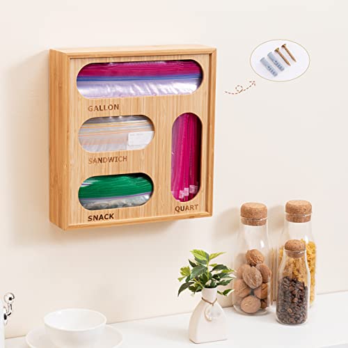 Empaxum Bamboo Ziplock Bag Storage Organizer for Kitchen Drawer Baggie Organizer Dispenser with Lids for Drawer Food Storage Bag Organizer for Gallon, Quart, Sandwich and Snack Bags