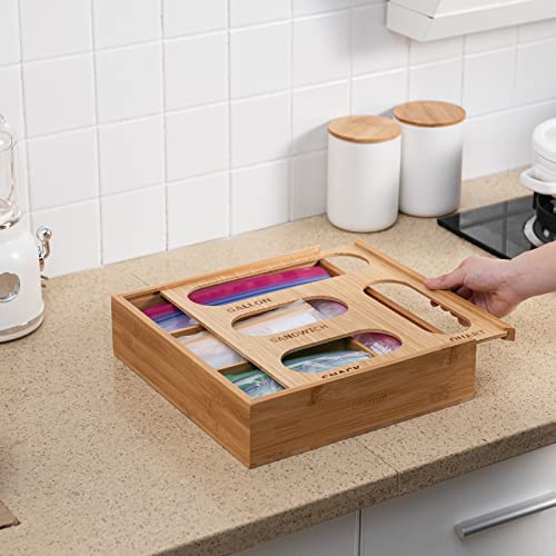 Empaxum Bamboo Ziplock Bag Storage Organizer for Kitchen Drawer Baggie Organizer Dispenser with Lids for Drawer Food Storage Bag Organizer for Gallon, Quart, Sandwich and Snack Bags