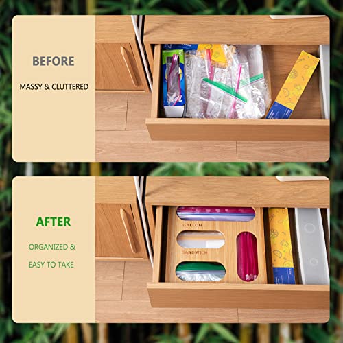 Empaxum Bamboo Ziplock Bag Storage Organizer for Kitchen Drawer Baggie Organizer Dispenser with Lids for Drawer Food Storage Bag Organizer for Gallon, Quart, Sandwich and Snack Bags