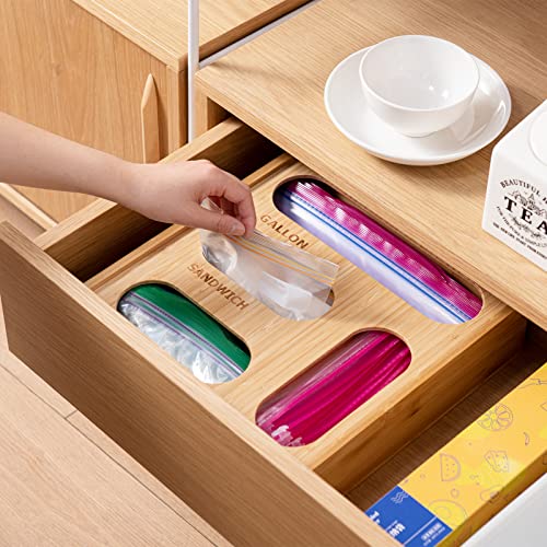 Empaxum Bamboo Ziplock Bag Storage Organizer for Kitchen Drawer Baggie Organizer Dispenser with Lids for Drawer Food Storage Bag Organizer for Gallon, Quart, Sandwich and Snack Bags