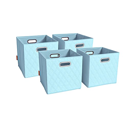 JIAessentials Small 11-inch Blue Foldable Diamond Patterned Faux Leather Storage Cube Bins Set of Four with Handles with Dual Handles for living room, bedroom and office storage