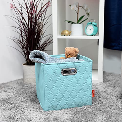 JIAessentials Small 11-inch Blue Foldable Diamond Patterned Faux Leather Storage Cube Bins Set of Four with Handles with Dual Handles for living room, bedroom and office storage